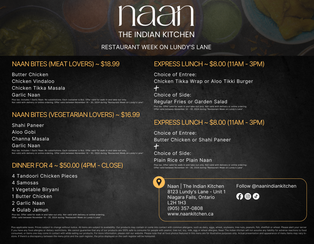 Naan Indian Kitchen - Restaurant Week Lunch Menu - Lundy’s Lane Niagara ...